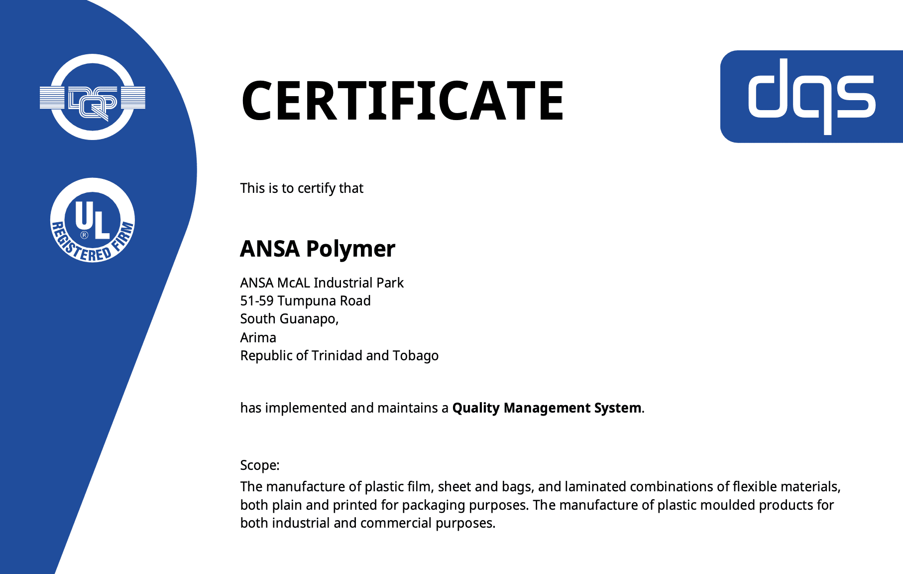 Quality Management System: ANSA Polymer - ANSA Packaging